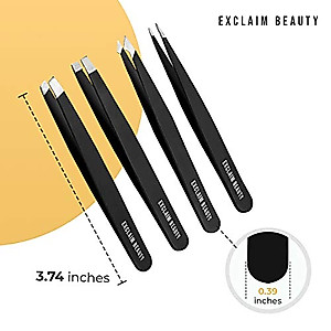 EXCLAIM BEAUTY Tweezers for Women & Men Pack of 4 Stainless Steel Tweezers Set, Precision Tweezers for Eyebrows Splinter Ingrown Hair Removal Tweezers Kit for Women with Leather Case – Matte Black