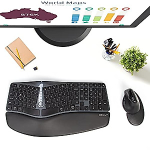 DeLUX Wireless Ergonomic Keyboard with Cushioned Palm Rest Against Carpal Tunnel, Ergo Split, Multi-Device Connection, Compatible with Windows, Mac OS (GM901D-Black)