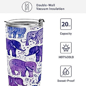 Wassud Violet Elephants 20 oz Tumbler with Lid and Straw Stainless Steel Double Wall Vacuum Tumblers Insulated Travel Coffee Mug for Cold and Hot Drinks