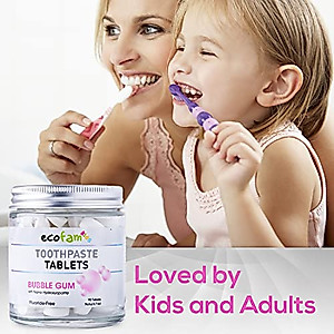 Ecofam Kids Toothpaste Chewable Tablets - 90 Natural Xylitol Tabs - Zero Waste Glass Jar - Travel Friendly - Fluoride-Free -with Nano Hydroxyapatite -Vegan - Made in The USA (Bubble Gum)