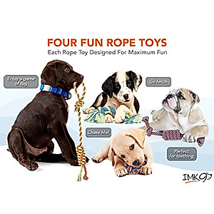 Dog Chew Rope Toys – Set Of 4 Ropes - For Large, Small Teething Pets – All Puppy Breeds Aggressive Chewers – 100% Cotton for Natural Floss – With Ball, Tough Teething Rope, Tug-Of-War & Fetching Bone