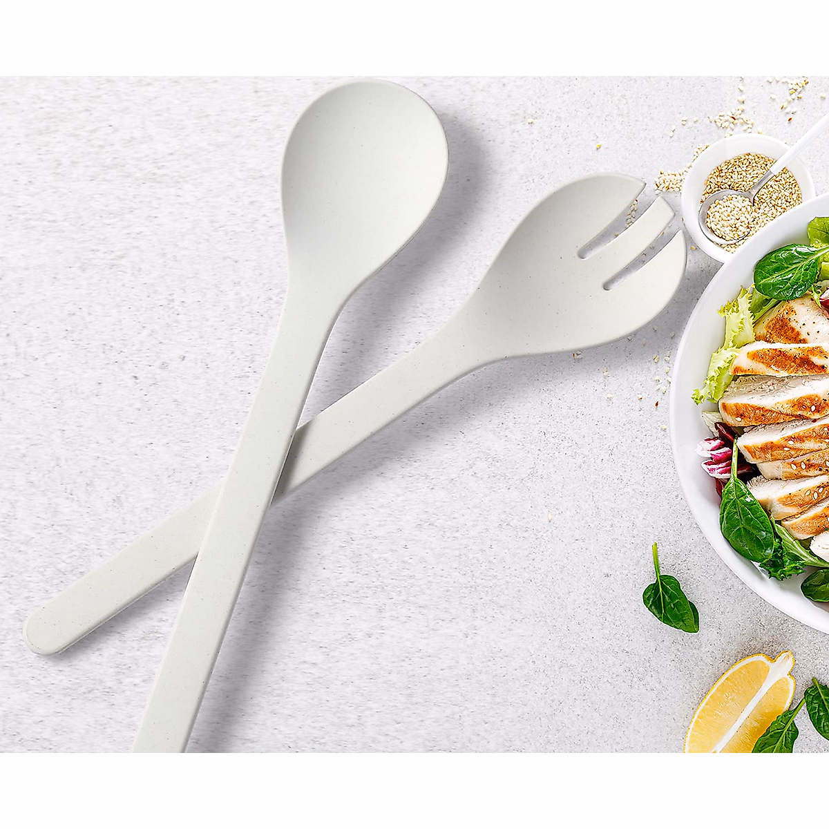 LEKOCH Plant Based Salad Servers Reusable Salad Fork and Spoon Set,Microwave and Dishwasher Safe, Utensils for Christmas,Kitchen,Home,Rv and Camping (White)