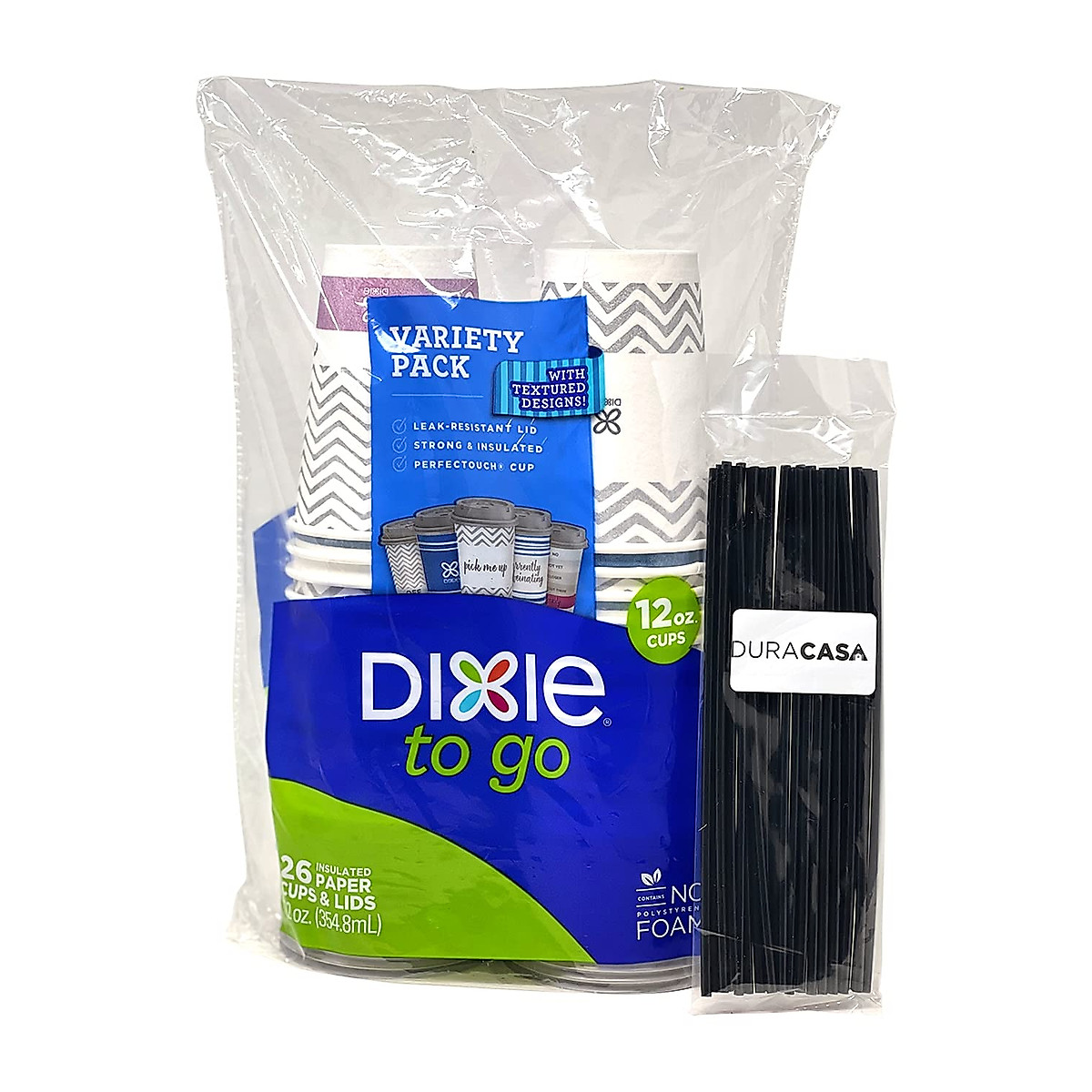 DuraCasa Straws and Dixie To Go Perfectouch Paper Cups and Lids Combo Pack of 26 Count, 12 ounce, Hot Beverage Cups & Lids, Assorted Designs, Disposable Paper Coffee Cups & Lids (26 Ct, 12 Ounce)