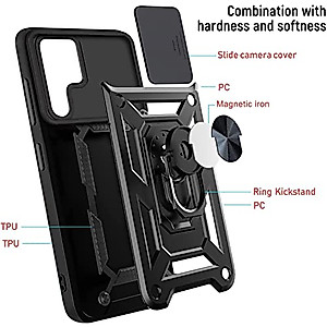 Multipurpose case for Samsung Galaxy S22 Ultra 6.8 inches Case with Slide Lens Cover, Shockproof with Built-in 360° Rotate Kickstand Magnetic Protective Case (Black)