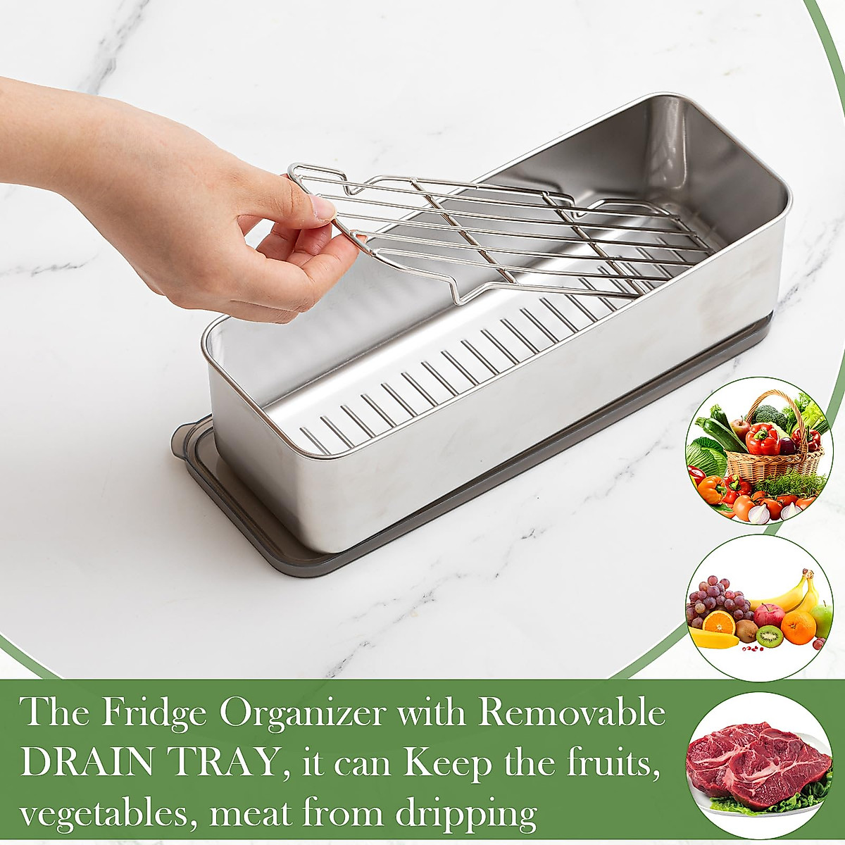 Hushee 3 Set 304 Stainless Steel Containers for Fridge, with Removable Drain Tray, Fruit Bacon Storage Airtight Deli Meat Container with Lids for Fresh Dry Food Storage(10.43 x 3.94 x 2.76 Inch)