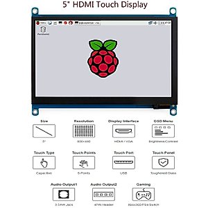 5inch HDMI LCD (H) Capacitive Touch Screen 800x480, Supports Raspberry Pi Jetson Nano BB Black Banana Pi PC Windows 10 Raspbian Ubuntu Kali WIN10 IoT Retropie HDMI/VGA Display Port