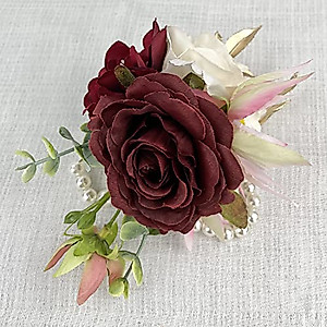 Rinlong Set of 6 Burgundy Wrist Corsage Wristlet Band Bracelet Wrist Flowers Wedding Bride Bridesmaid Flower Accessories Decoration