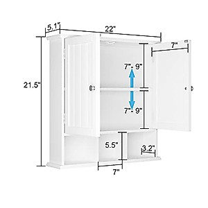 ChooChoo Bathroom Cabinet Wall Mounted 2-Door with 3 Open Shelves, Wooden Medicine Cabinets with Adjustable Shelf, Space Saver Storage Cabinets Over The Toilet for Bathroom&Living Room, White