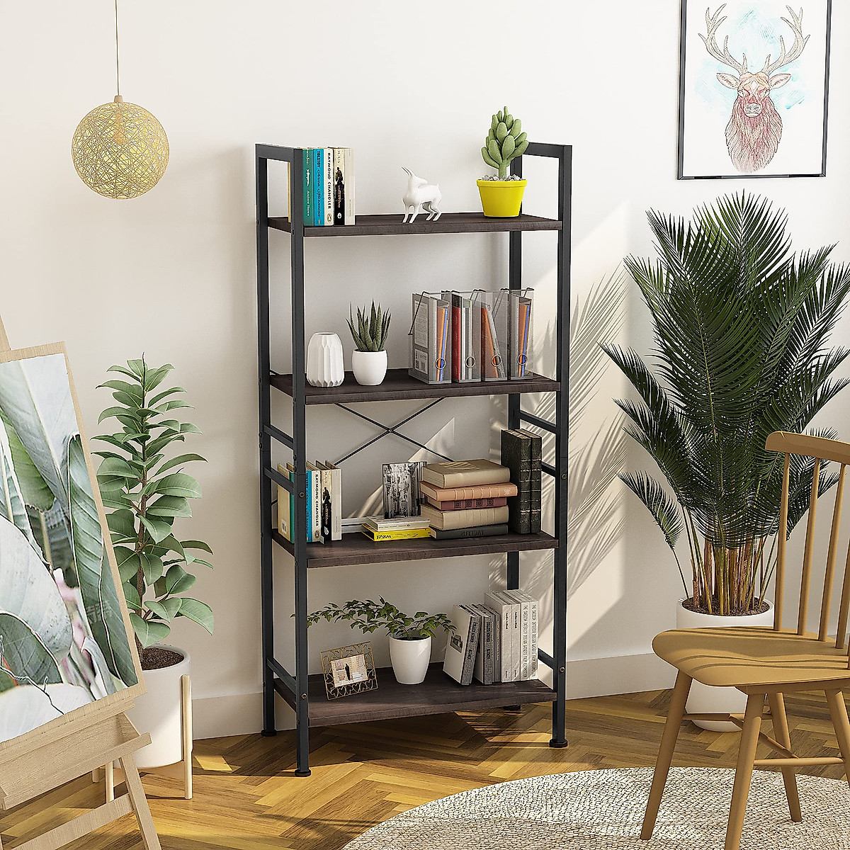 DKLGG 4-Tier Storage Shelves, Bookshelf, Wood Bookcase with Metal Frames and Standing Shelving Unit, Industrial Design Open Standing Organizer for Living Room, Bathroom, Balcony, Office, Rustic Brown