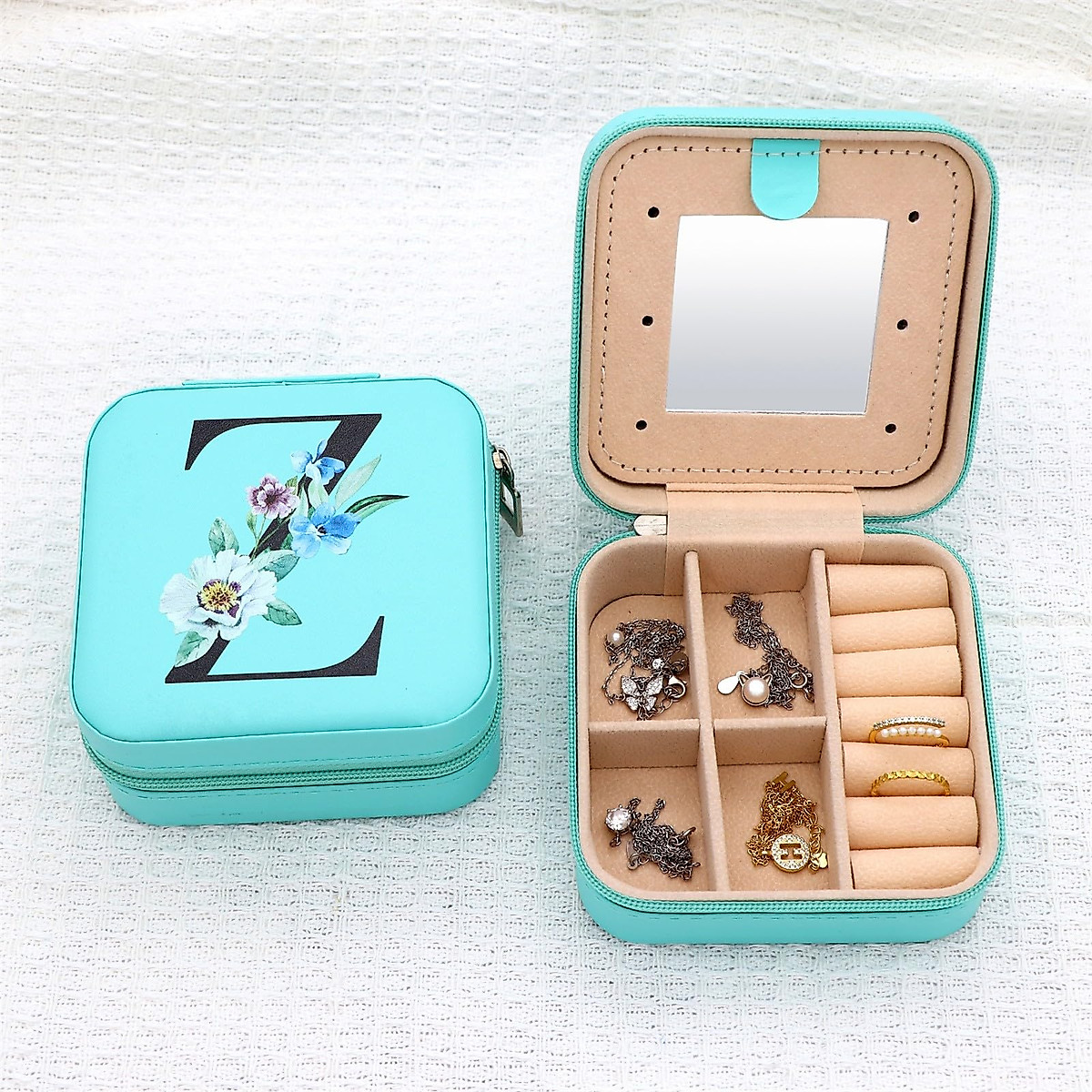 XVX Personalized Mini Jewelry Organizer Box - Ideal Birthday & Graduation Gifts for Daughters, Granddaughters | Travel Initial Jewelry Case for Girls Women-Cyan Z