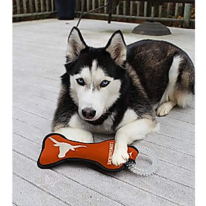 Pets First NCAA Texas Longhorns College Dental Tough Dog TUG Bone Toy with Built-in Squeaker Attached to a Safe Rubber Teething Toothbrush PET Toy 14 x 5"