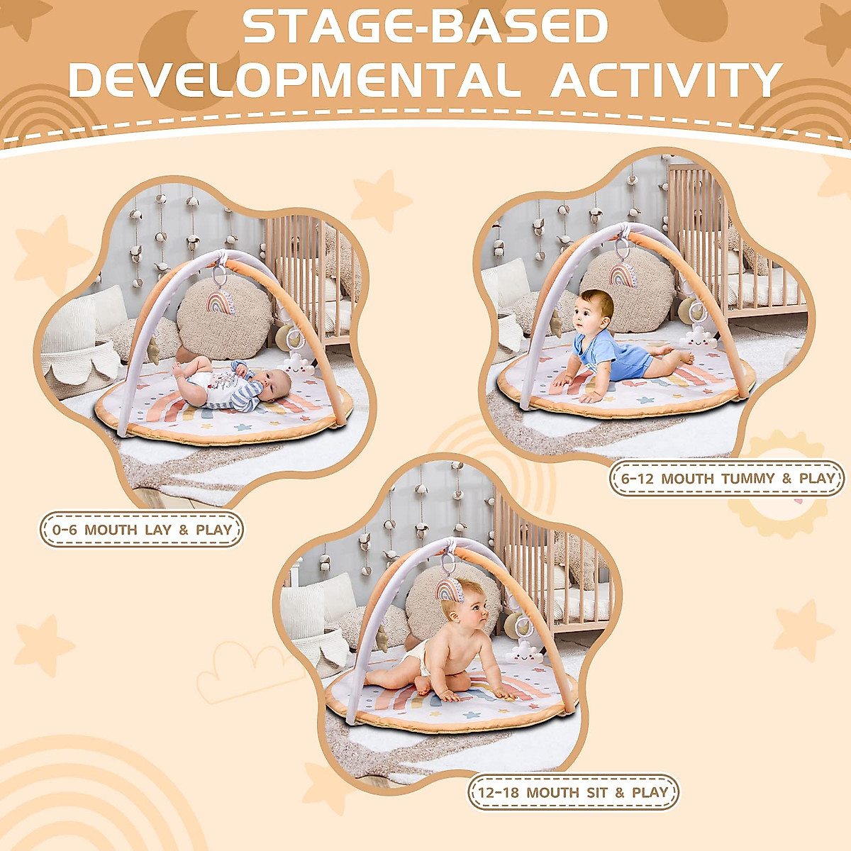 IPOZITO Baby Gym and Infant Play Mat, Stage-Based Sensory and Motor Skill Development Language Discovery Activity Play Gym, Thicker Non-Slip Design Tummy Time Activity Mat with 5 Toys Washable