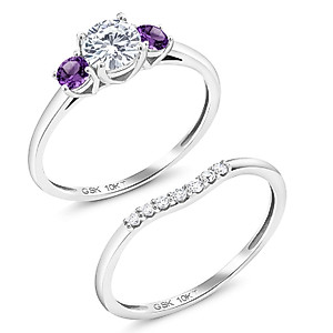 10K White Gold Moissanite From Charles & Colvard Amethyst and Lab Grown Diamond 3-Stone Bridal Engagement Wedding Ring Set For Women | 0.77 Cttw | Available in Size 5-9
