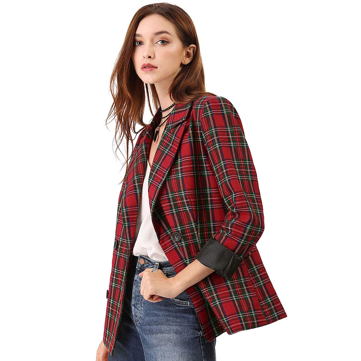 Allegra K Women's Notched Lapel Double Breasted Work Formal Blazer Jacket X-Large Red Green