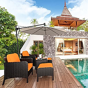 Arlopu 5Pieces Patio Wicker Furniture Sets, Outdoor PE Rattan Conversation Chat Chair Set with Ottoman and Side Table, for Lawn, Garden, Balcony, Yard