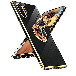 LeYi for Samsung Galaxy Note 10 Plus Case 360° Rotatable Ring Holder Magnetic Kickstand, Plating Rose Gold Edge Protective Case, Black