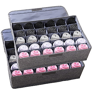 MURRI&MURRDI 2 Packs Sock and Underwear Storage for Closet with Lids,30 Cells Drawer Divider,Linen Cotton Sock Organizer,Foldable Closet Storage Box Bin for Socks, Lingerie, Ties,Scarves (2 Grey)