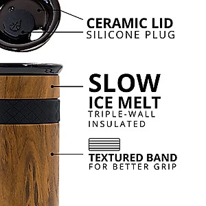 Elemental Artisan Insulated Tumbler, Triple Wall Coffee Travel Mug, Reusable Stainless Steel Coffee Tumbler with Ceramic Lid, Thermal Coffee Cups for Hot (6 Hrs) & Cold (18 Hrs), 12oz - Teak Wood