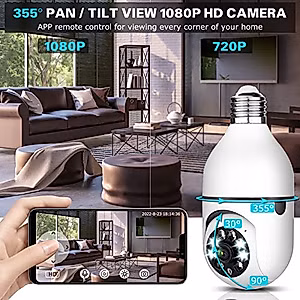 Wireless WiFi Light Socket Bulb Security Camera 360 Degree PTZ Home Camera Floodlight Night Vision Motion Detection 64GB Micro SD Card Included Support 2.4Ghz and 5Ghz
