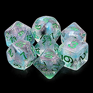 DND Polyhedral Dice RPG Dice for Dungeons and Dragons,Pathfinder,MTG,D&D Role Playing Game,Green Single Floating Transparent Flashing Green Glitter Dice Set,with Grey Waterproof Bag