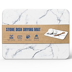 Plentio Quick Dry Stone Drying Mat for Kitchen Counter, Water-Absorbent Diatomaceous Dish Drying Mats, Multi-Purpose Stone Drying Tray for Cups Dishes Bottles, Ivory-Marble, 15.7"L x 11.8"W