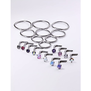 Vsnnsns 18G Nose Rings for Women Surgical Steel Nose Rings Hoops L Shaped Nose Studs Nose Hoop Rings 6mm 8mm 10mm Opal Nose Rings 2.5mm Diamond CZ Nose Ring Piercing Jewelry Silver 21Pcs