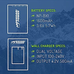Wasabi Power NP-BX1 Battery (2-Pack) and Charger for Sony NP-BX1/M8, Cyber-Shot DSC-HX80, HX90V, HX95, HX99, HX350, RX1, RX1R II, RX100 (II/III/IV/V/VA/VI/VII), FDR-X3000, HDR-AS50, AS300, ZV-1, etc., black (KIT-BTR-NPBX1-LCH-NPBX1-01)