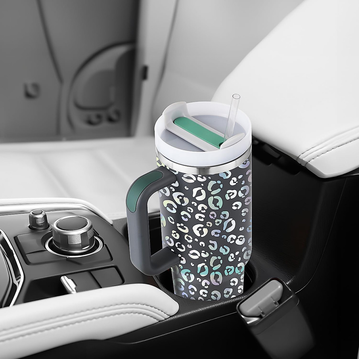 Ochapa 40 oz Tumbler with Handle Leopard Straw Lid Insulated Stainless Steel Vacuum Reusable Cup Holder Friendly Keep Drinks Cold Gifts for Women Lover Car Gym Travel, Cheetah Gray