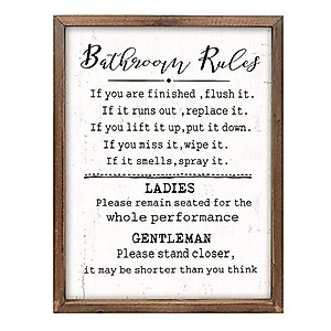 Wartter Rustic Bathroom Rules Sign,Farmhouse Toilet Wall Decor,Funny Bathroom Wood Framed Wall Art Decorations(11.8x15.8in) (white)
