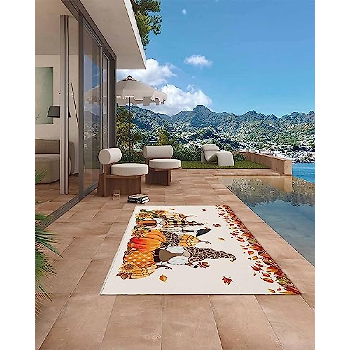 Outdoor Patio Rugs Fall Maple Leaves Gnome Outdoor Area Rug Harvest Pumpkin Sunflower Non-Slip Backyard/Camping RV Rug/Deck/Porch Rug Front Door Floor Mat Carpet,4x6ft,