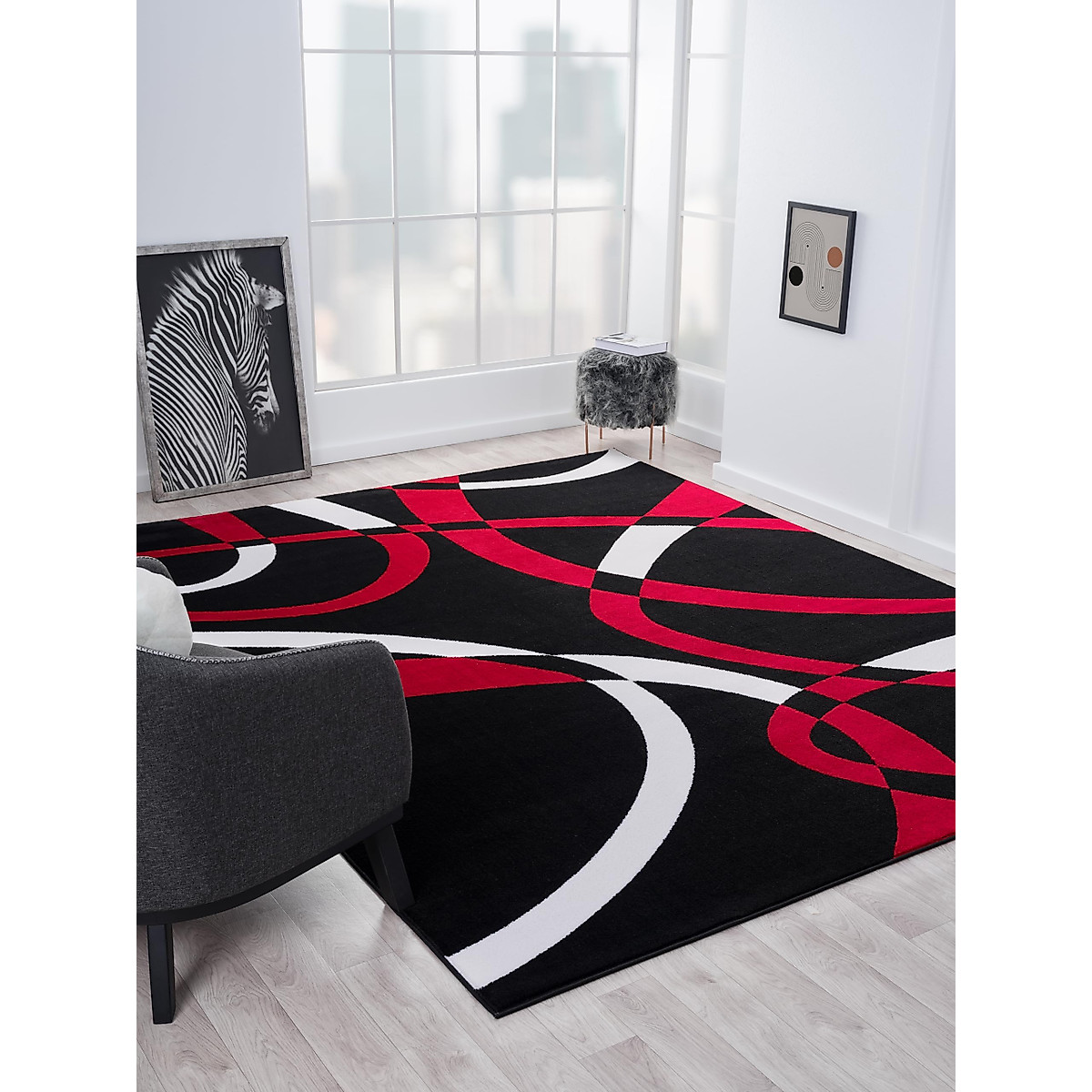 Msrugs Area Rugs, 5x7 Frize Collection Modern Black Red White Area Rug, Contemporary Geometric Carpet for Living Room and Bedroom
