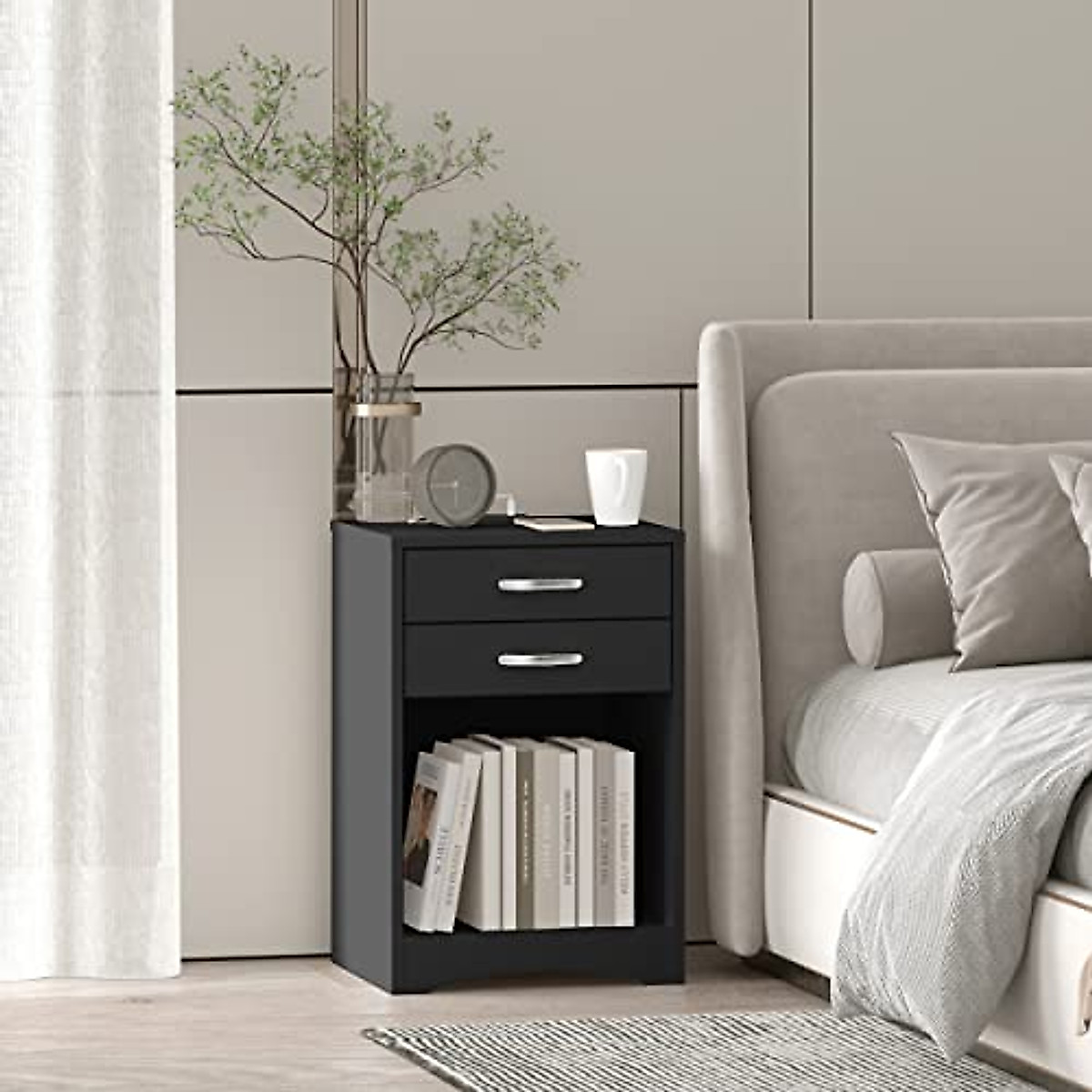 hosote Nightstands Set of 2, Black Nightstand with Charging Station USB Port, Night Stand Bedside Table Bed Side Table End Table Sofa Table with Storage Drawers for Bedroom Living Room