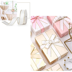 VIVIQUEN White Double Faced Satin Ribbon with Gold Edge, 1-1/2” Polyester Continuous Ribbon -25 Yards,Wide Ribbon for Gift Wrapping,Wedding,Bows Bouquet,Floral Arrangement and Craft