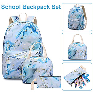 Bluboon Teen Girls School Backpack Kids Bookbag Set with Lunch Box Pencil Case Travel Laptop Backpack Casual Daypacks (Blue-white)
