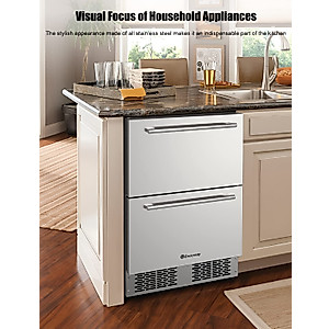 Enocreay Outdoor Drawer Refrigerator, Built-In Under Counter Drawer Fridge Beverage Cooler with Stainless Steel Door, 185 Cans Capacity with Drink Dispenser for Island Kitchen Home Bar