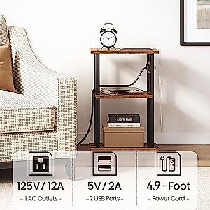TUTOTAK Small Narrow Side Table with Charging Station, Set of 2 Skinny End Table for Small Spaces, Slim Nightstand with USB Ports and Outlet,Sofa Beside Table with Wheels, Brown TB01BB047