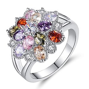 Emsione Silver Plated Cubic Zirconia Oval Cut Cluster Flower Wedding Band Eternity Promise Ring for Women Size 9