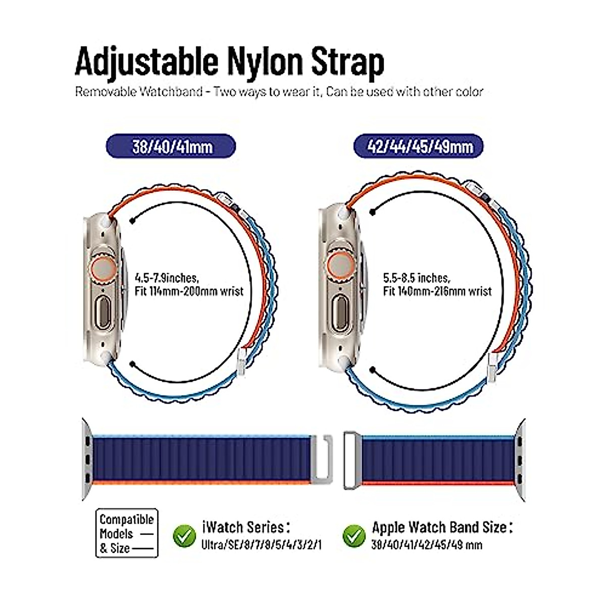 Nhoebwe Upgrade Design Alpine Loop Nylon Band Compatible with Apple Watch Band 49mm 45mm 44mm 42mm 41mm 40mm 38mm Men Women, Detachable Adjustable with Metal C-Hook Strap for iWatch Series