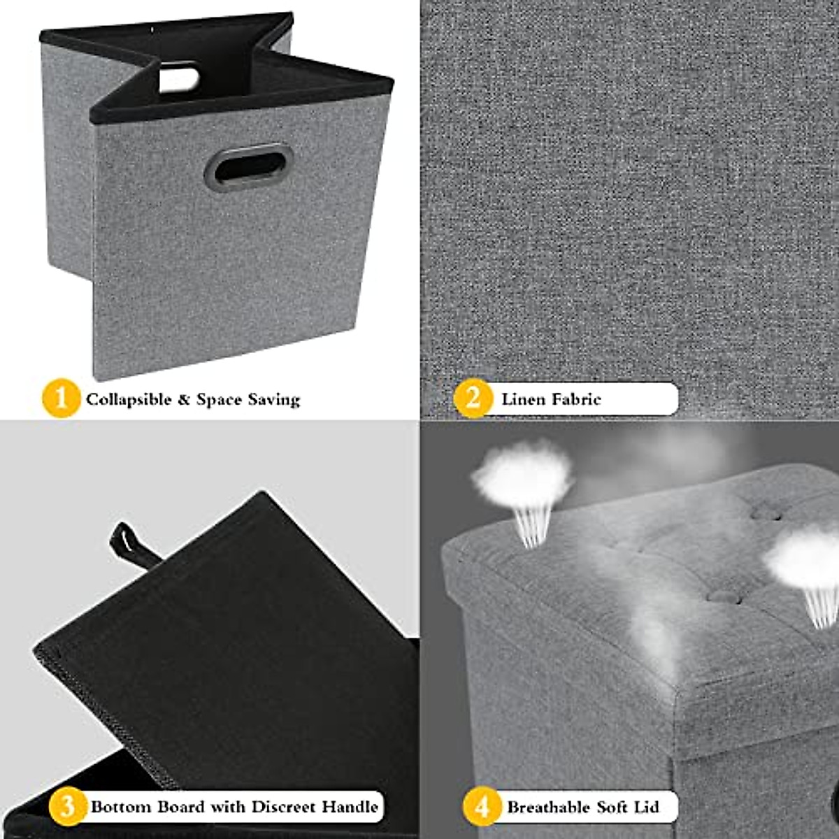 Babion 15 Inches Storage Ottoman Cube, Footrest Stool with Metal Hole Handles& Lid, Folding Storage Ottoman, Box Chest with Foam Padded Seat, Cube Ottoman with Storage, Linen Square(Dark Grey,2pcs)