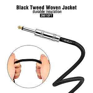 Guitar Instrument Cable 1/4 inch Color Tweed Jacket Instrument Cable 10 ft for Electric Guitar, Bass Guitar, Electric Mandolin- Single (Black+Straight)