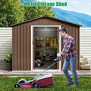 GarveeLife 8x15 Ft Outdoor Storage Shed, Large Garden Metal Shed with Sloped Roof & Lockable Door, Backyard Garden Patio Lawn Outdoor Shed for Organising Tools and Equipment in Yard, Garden, Brown