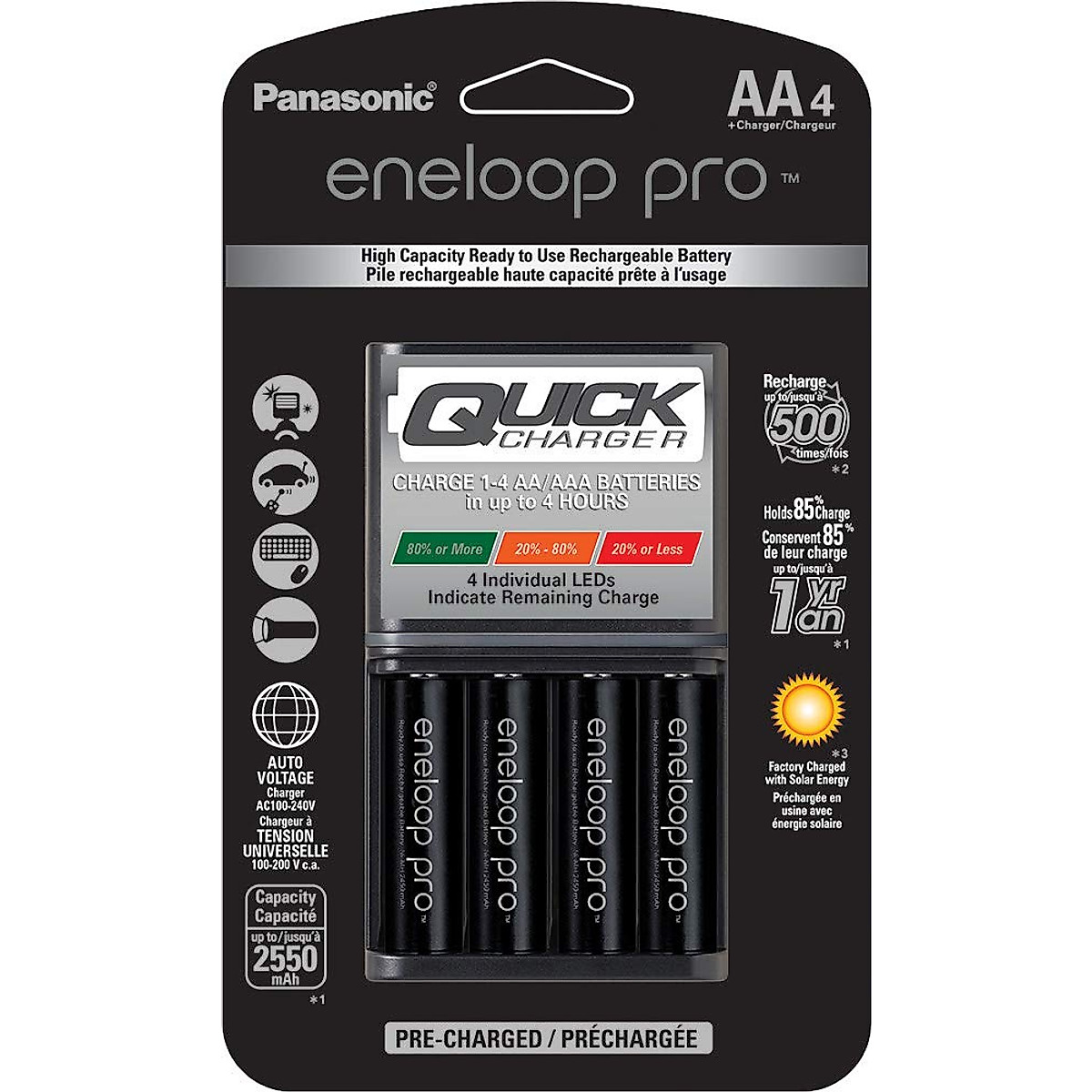 Eneloop Panasonic K-KJ55KHC4BA Advanced 4 Hour Quick Battery Charger with 4AA pro Rechargeable Batteries & Panasonic BK-3HCCA4BA pro AA High Capacity Ni-MH Pre-Charged Batteries, 4 Pack