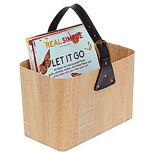mDesign Rectangle Basket Tote Bin Organizer with Attached Handle for Magazines, Blankets, Throws - Portable - Natural