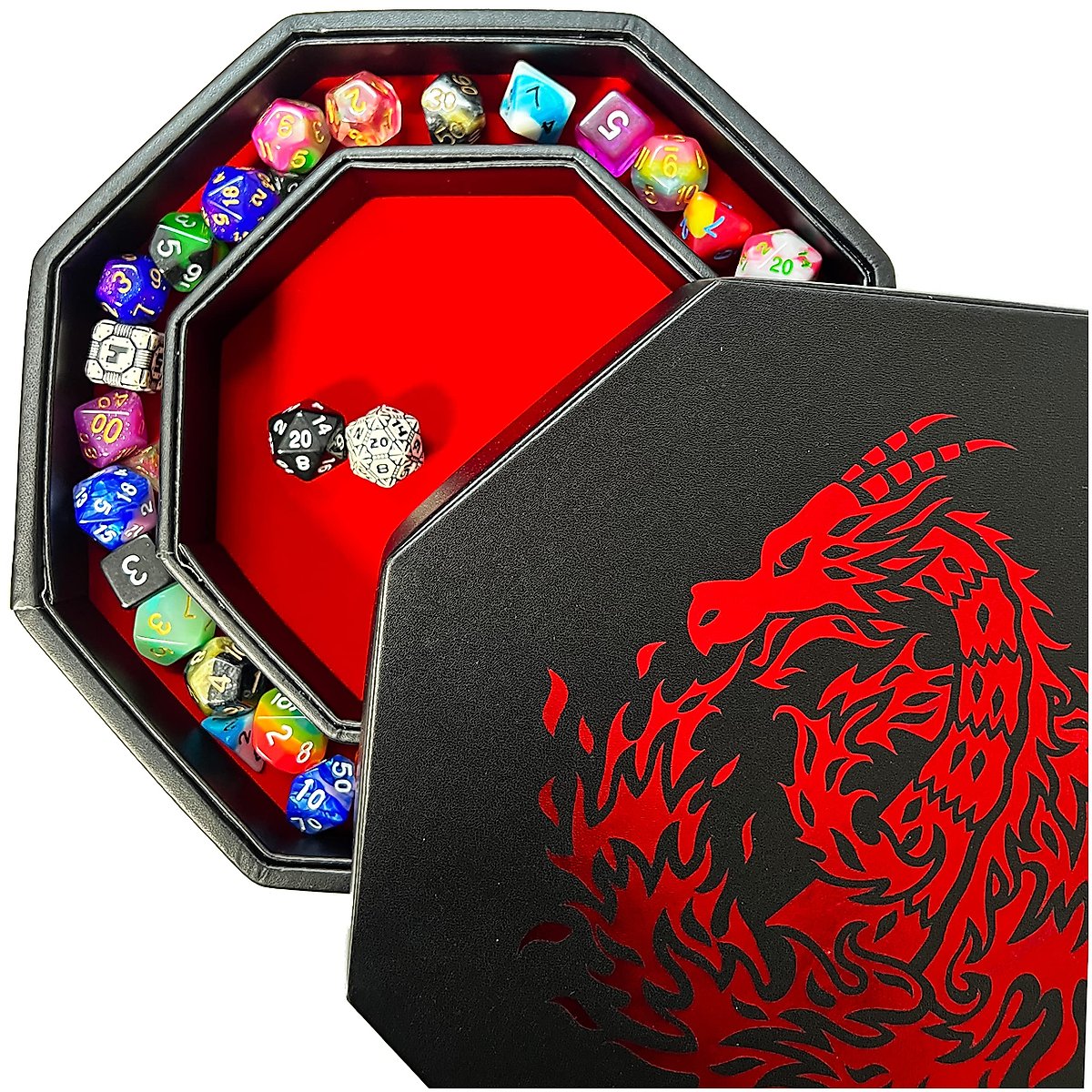 Fantasydice Red Fire Dragon Dice Tray with Lid – 9" Octagon with Dice Staging Area, Holds 5 Dice Sets – Perfect for D&D, Call of Cthulhu, Shadowrun, and All Tabletop RPGs