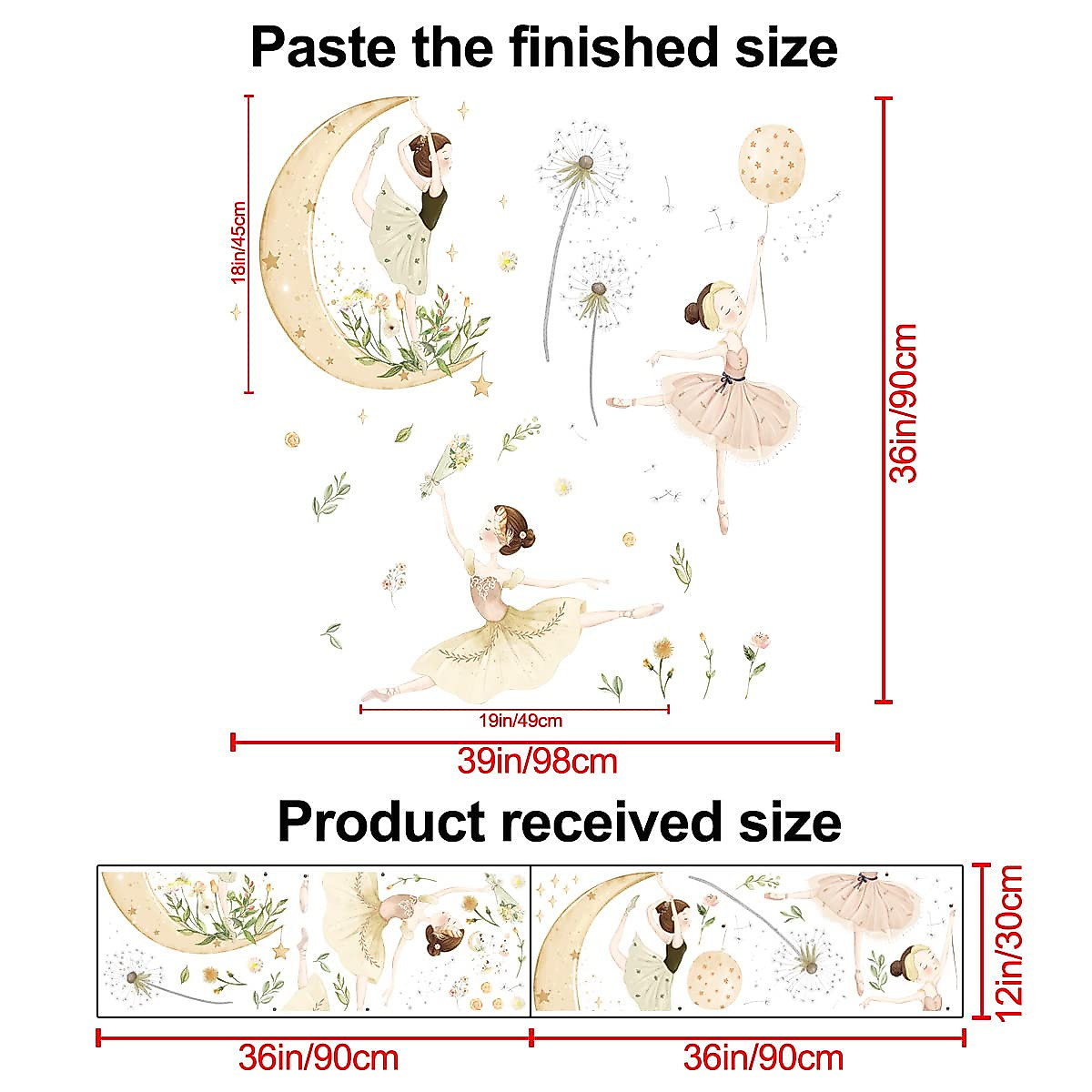 2 Sheets Ballet Girls Wall Stickers 3D Moon and Flower Wall Decals DIY Removable Dandelions Wall Sticker for Kids Baby Girls Bedroom Nursery Living Room TV Background Kids Rooms Home Wall Decoration