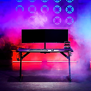 CO-Z 55 Inch Gaming Desk, Z Shaped Gaming Table with 6-Color RGB Lighting, Large Mouse Pad, Controller Stand, Cup Holder & Headphone Hook, Writing Desk Computer Desk for Home Office and More, Black