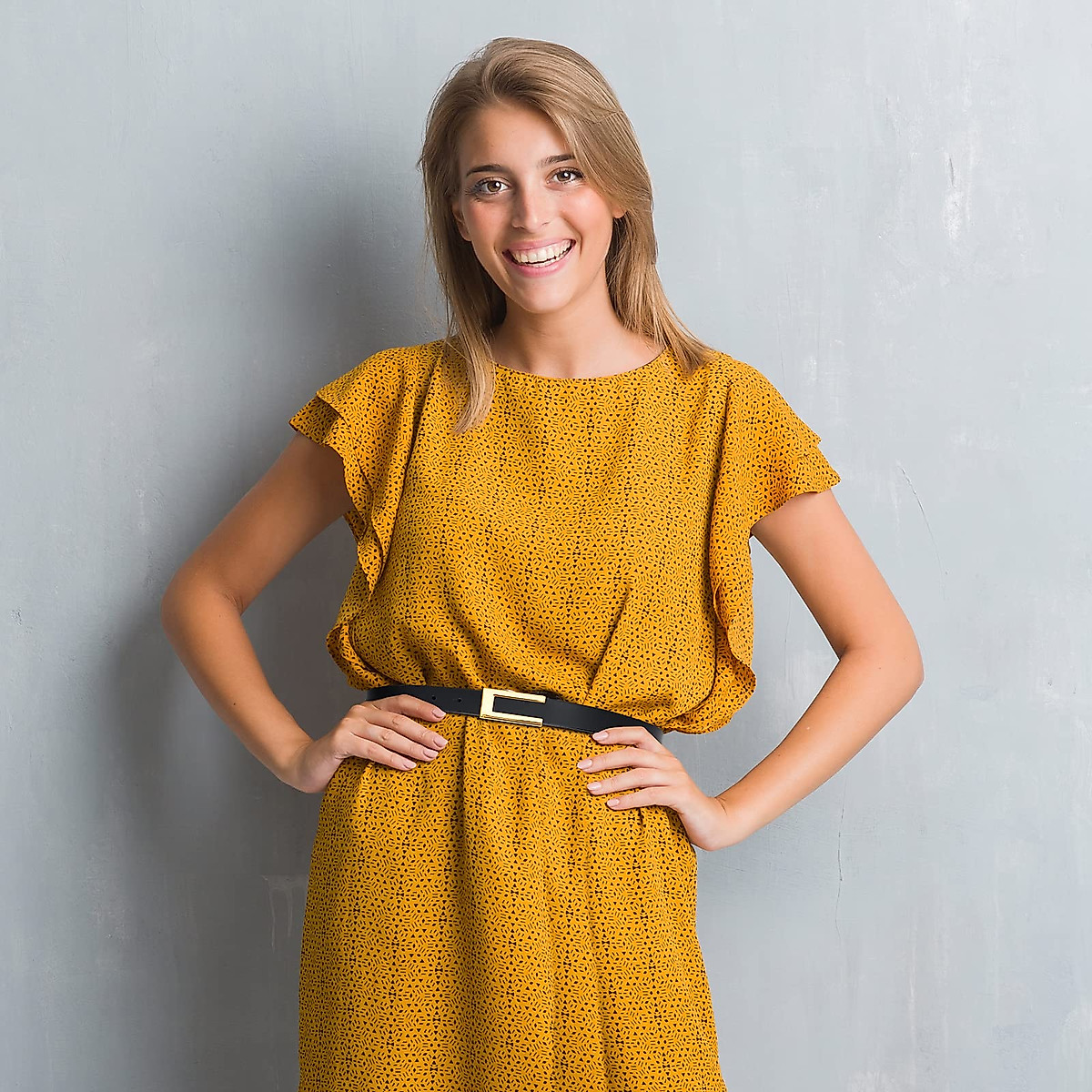 YooAi Womens Leather Belt Skinny Waist Belt for Dresses Jeans Pants with Gold Buckle black 95