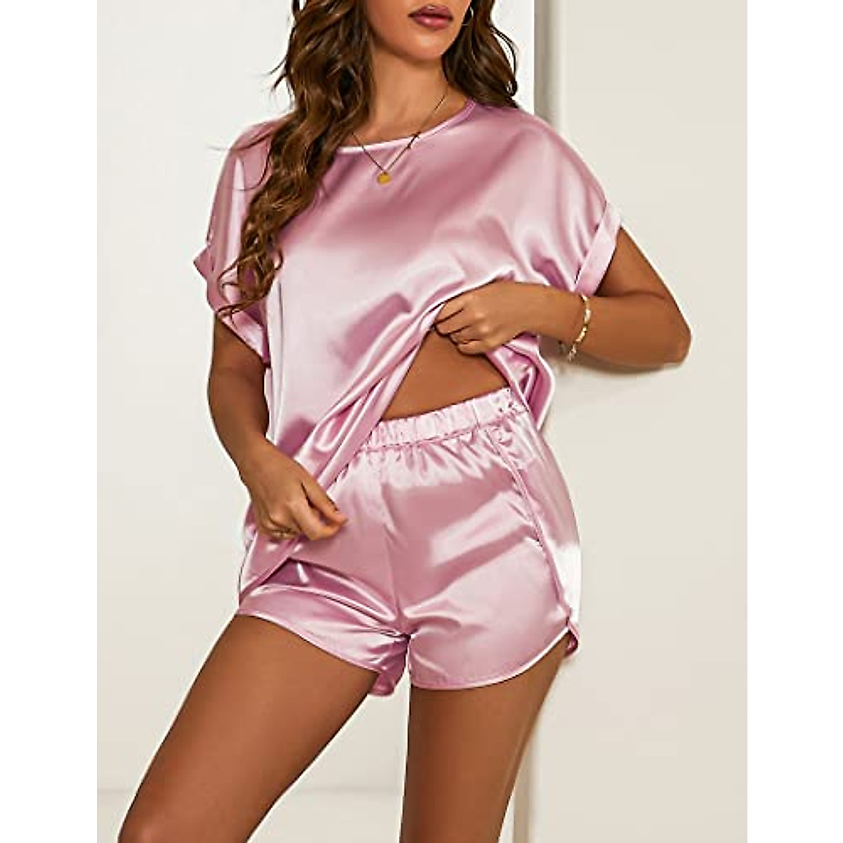 Ekouaer Women's Pajama Sets Casual Satin Pj Set 2 Piece Sleepwear Short Sleeve Silk Pajama(Navy Blue,Large)