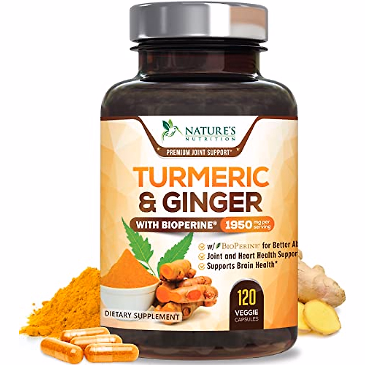 Turmeric Curcumin with BioPerine & Ginger 95% Standardized Curcuminoids 1950mg - Black Pepper for Max Absorption, Natural Joint Support, Nature's Tumeric Extract Supplement Non-GMO - 120 Capsules