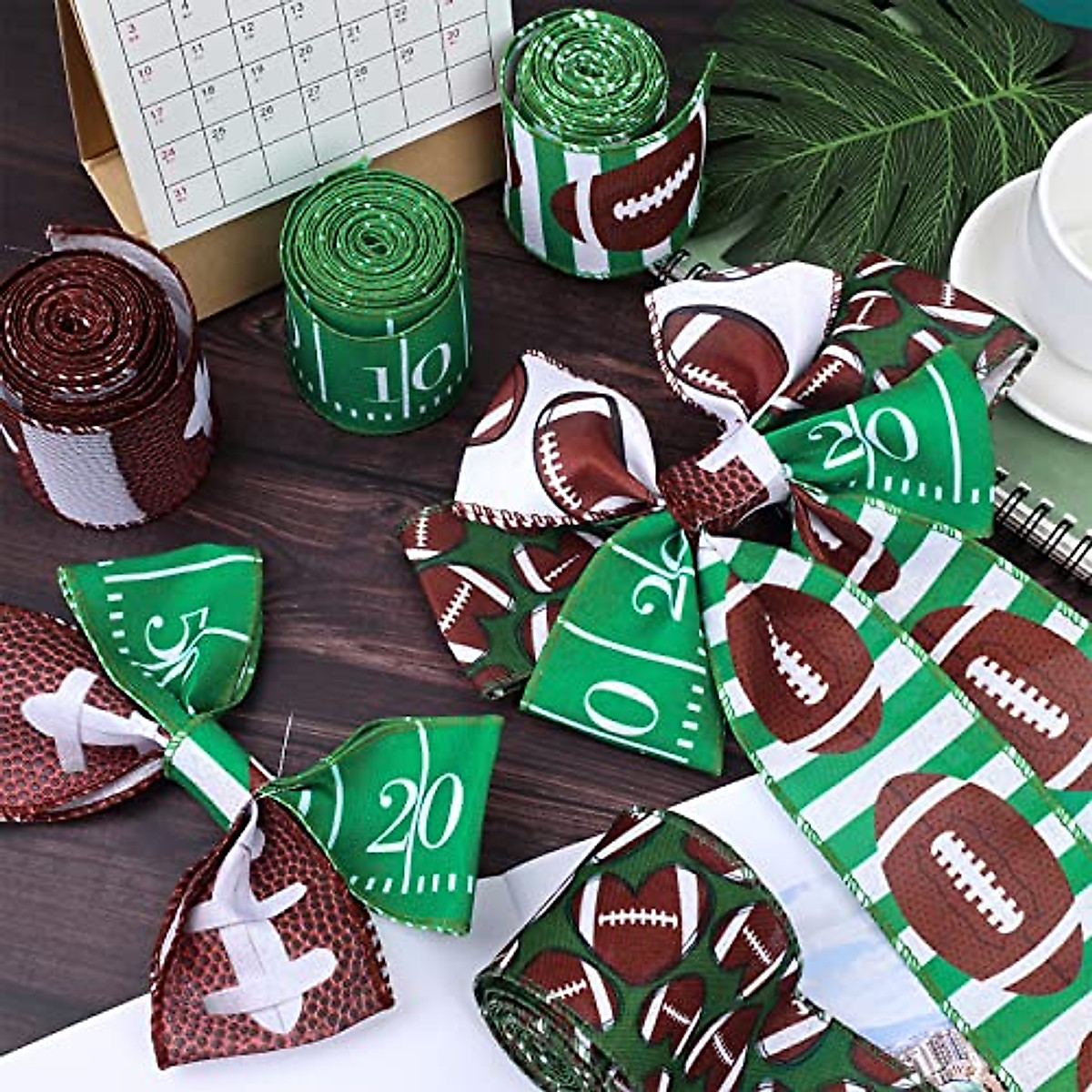 Kuscul 5 Rolls Football Wired Edge Ribbon 2.5 Inches x 25 Yard Rugby Ball Ribbon Sport Stitching Satin Wired Ribbon for Sport Team Party Decor Gift Wrapping Decor Hair Bow Sewing Wreath Crafts